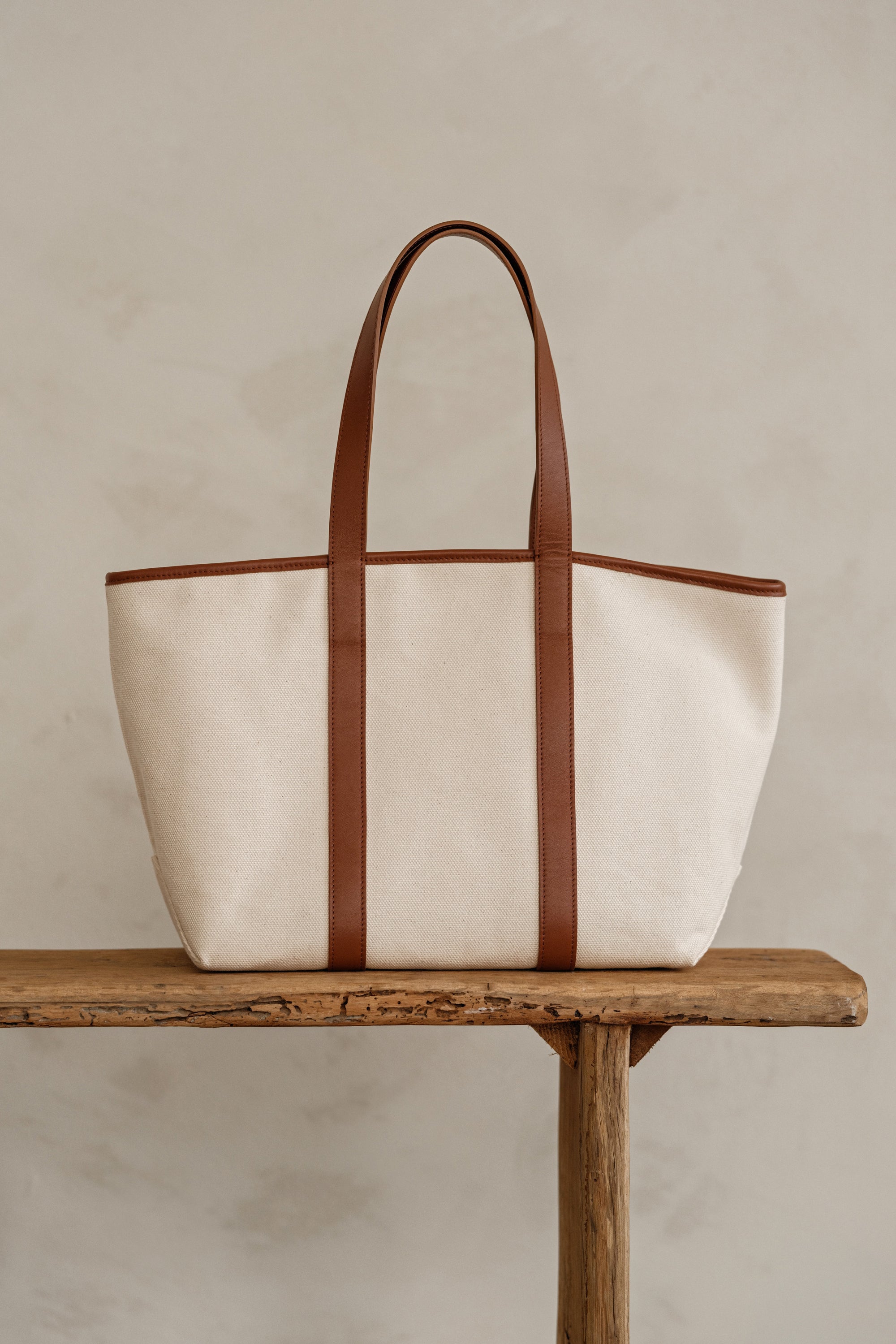 STRUCTURED TOTE BAG TAN — Canvas and Leather With Six Compartments ...
